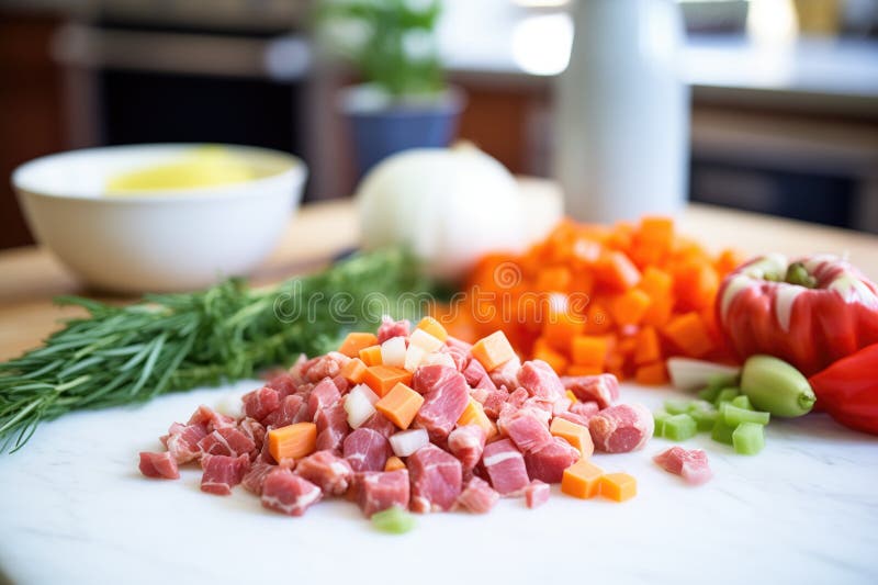 Diced Vegetables and Meats for Cassoulet Prep Stock Photo - Image of ...