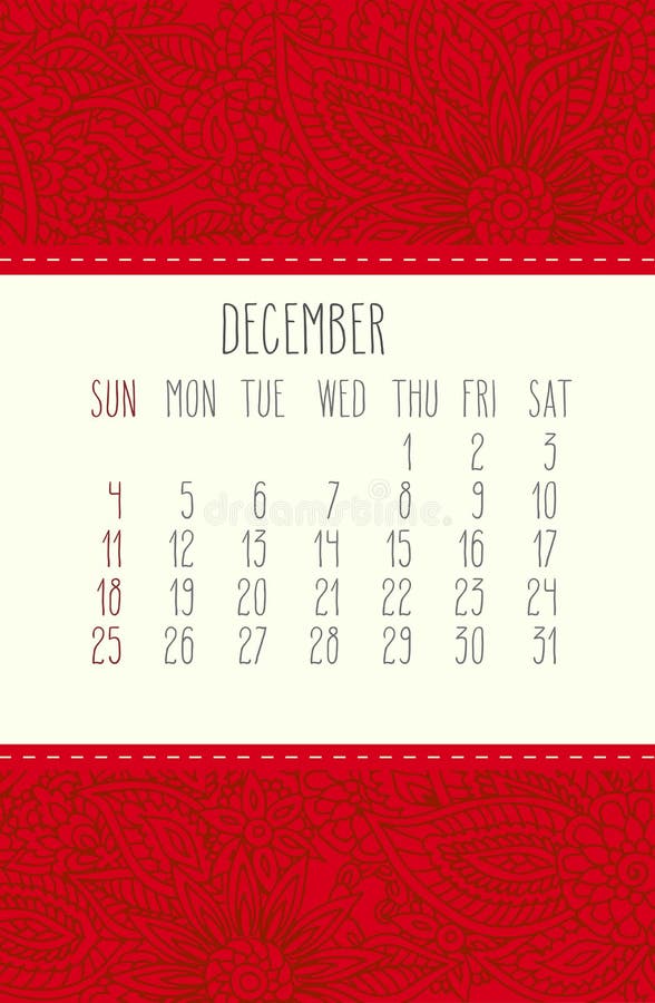Dicembre 2016 Calendario Mensile Illustrazione Vettoriale ...