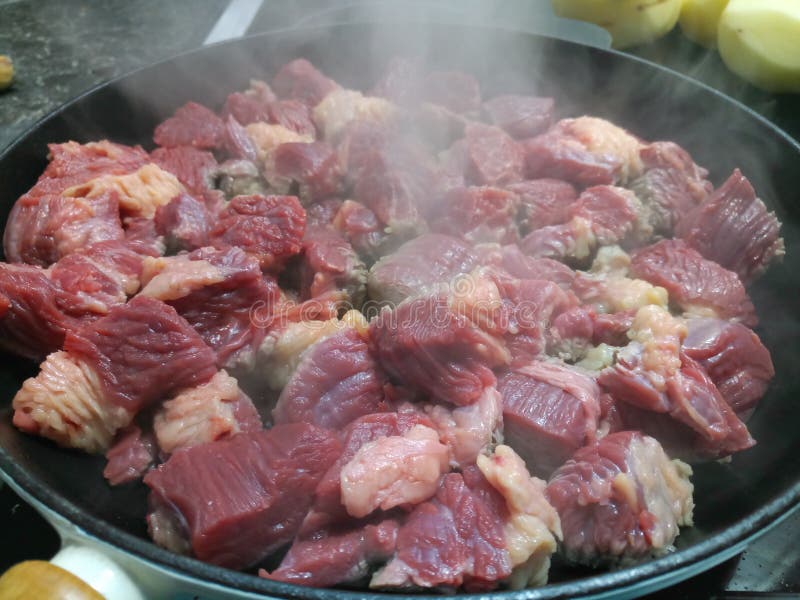 Hot Steaming Pan with Beef Carvery Raw Stock Photo - Image of steaming ...