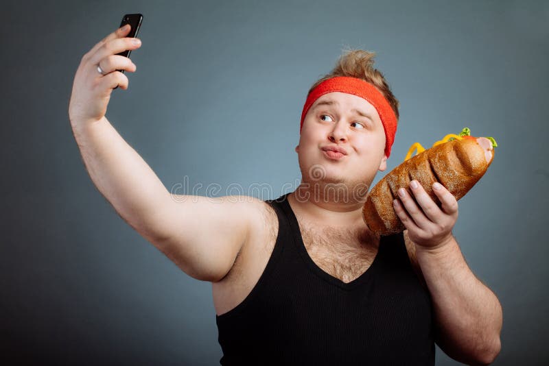 Dicker Mann Mit Sandwich Wird in Der Hand Selfie Stockbild - Bild von ...