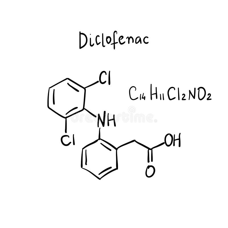 Diclofenac Hand Drawn Vector Formula Chemical Structure Lettering Blue ...