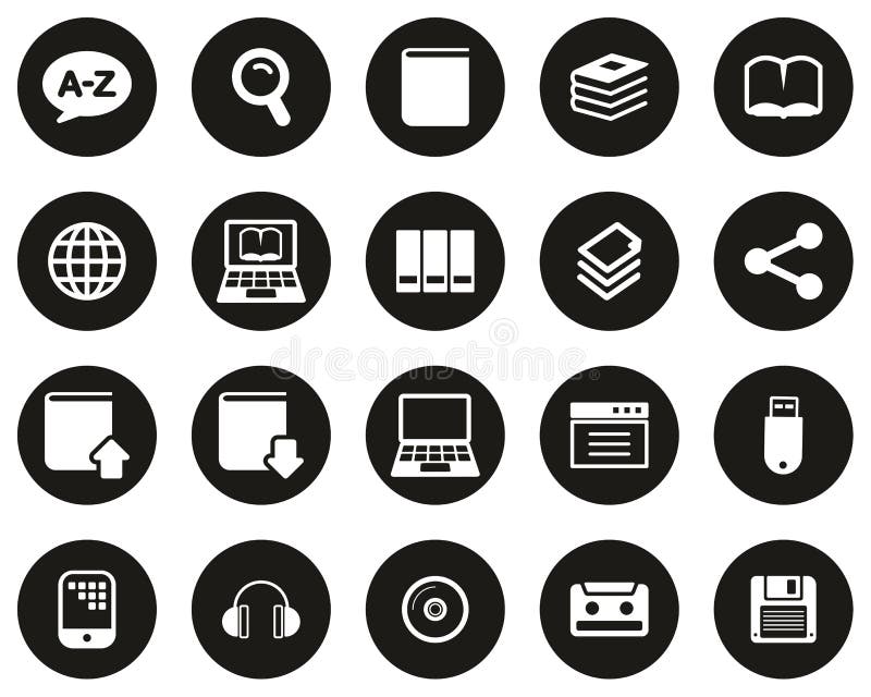 Dictionary or Glossary Icons White on Black Flat Design Circle Set Big ...