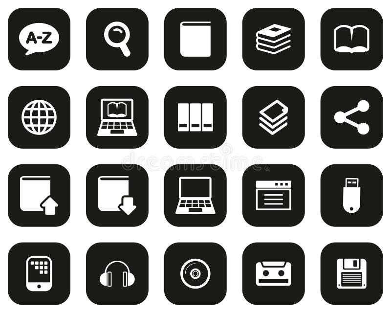 Dictionary or Glossary Icons White on Black Flat Design Set Big Stock ...