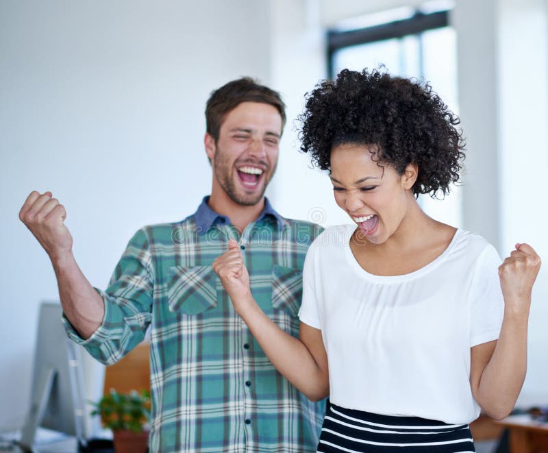 They Did it. a Excited Coworkers Cheering in an Office. Stock Image ...