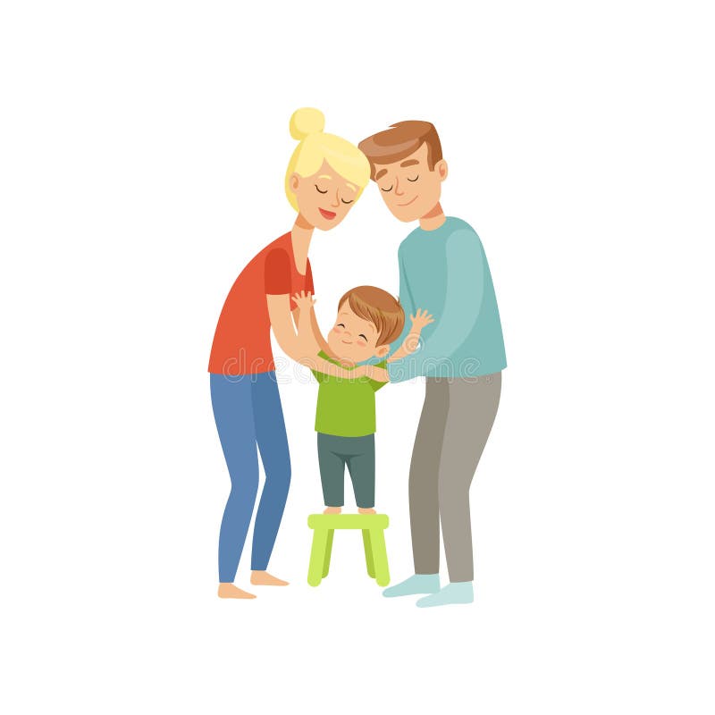 Die Eltern, Die Ihren Sohn, Mutter Und Vater Umarmen Ihr Kind ... Die Eltern, Die Ihren Sohn, Mutter Und Vater Umarmen Ihr Kind ...