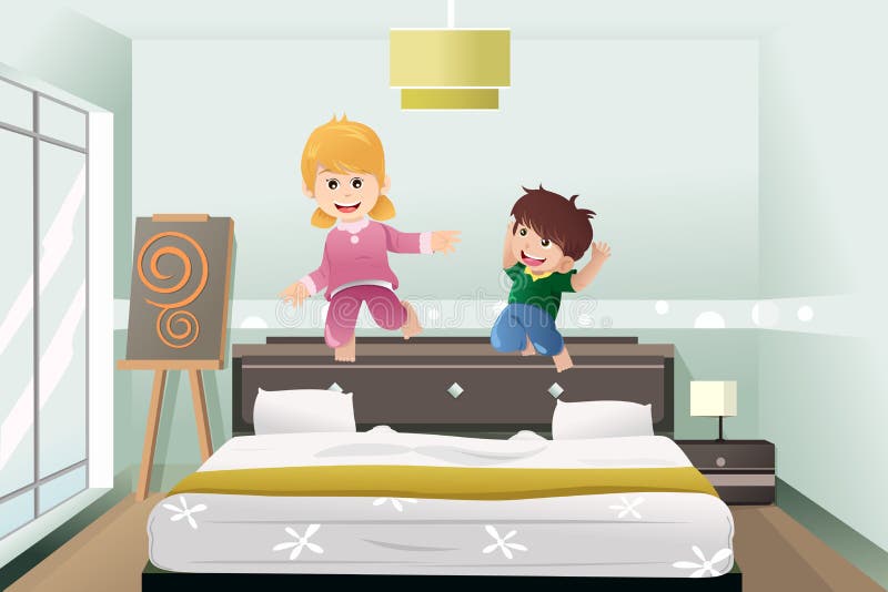 Die Kinder Springend Auf Das Bett Vektor Abbildung - Illustration von ...