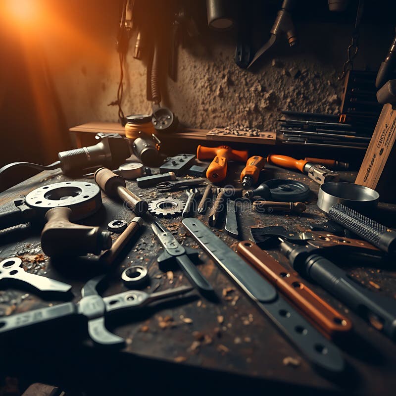 Die Tools Scattered on a Dark Wooden Workbench Illuminated by Warm ...