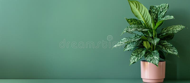 Dieffenbachia Plant in Blush Pink Pot on Table Against Empty Green Wall ...