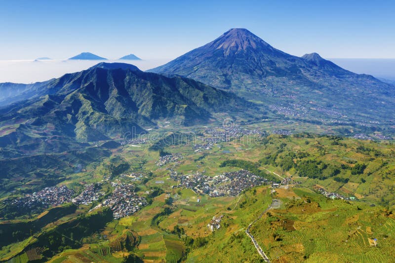 Dieng Plateau with Sindoro Mountain and Sikunir Hill Stock Image ...