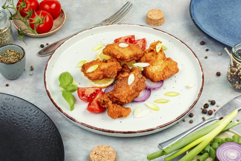 Diep-fried cod fish pieces stock image. Image of crispy - 329505383