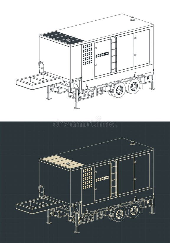 Diesel Generator Trailer Isometric Drawings Stylized Illustrations ...