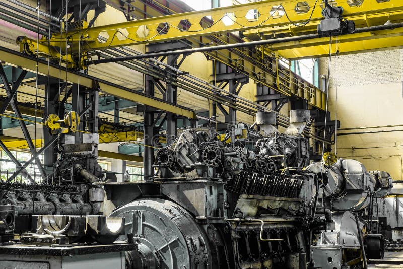 Diesel Locomotive Engine in a Repair Workshop with Overhead Crane Stock ...