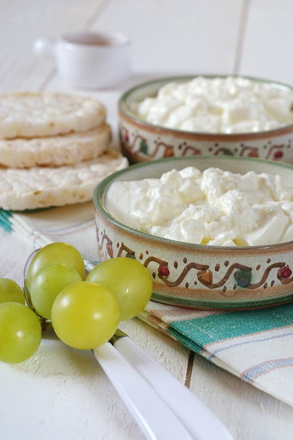 Diet Breakfast: Cottage Cheese, Crispbread and Grapes Stock Photo ...