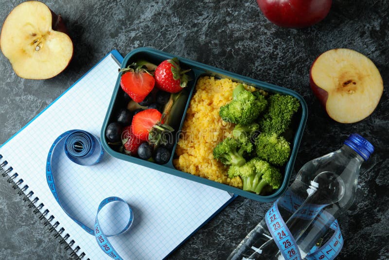 Diet Concept with Lunch Box on Black Smokey Stock Image - Image of ...