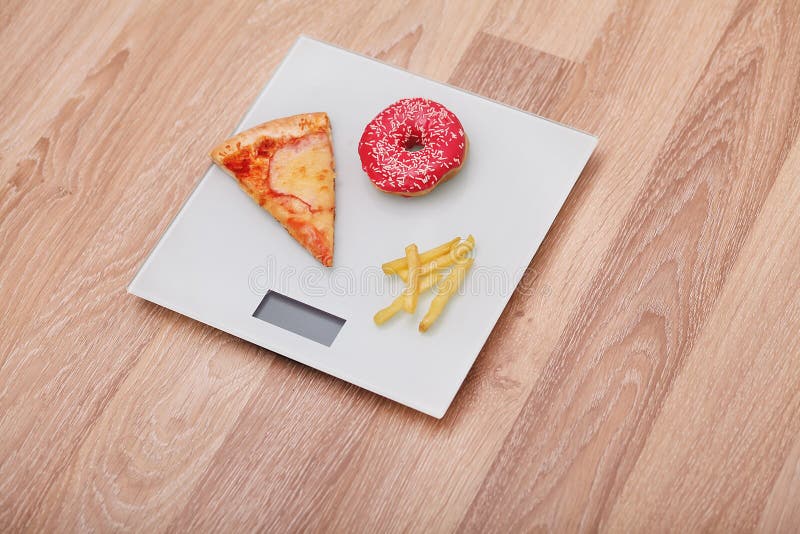 Diet, Fast Food on Scale. Unhealthy Junk Food. Obesity. Stock Image ...
