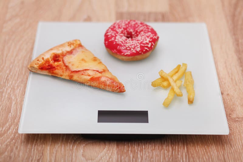 Diet, Fast Food on Scale. Unhealthy Junk Food. Obesity. Stock Image ...
