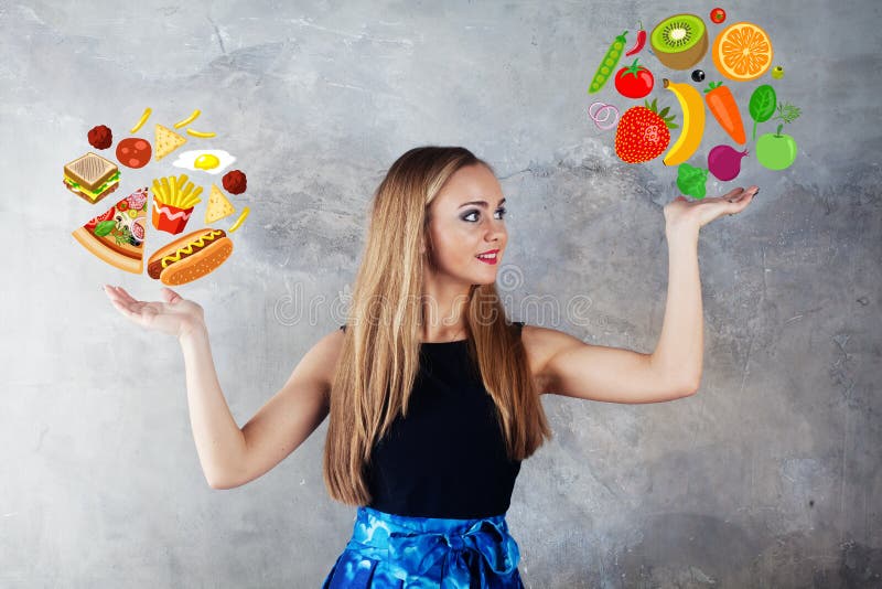 Diet Girl Chooses between Food Stock Image - Image of weight, woman ...