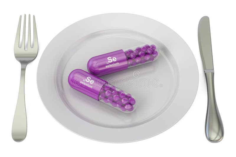 Diet and Healthy Meal Concept. Plate with Selenium Se Capsules, Stock ...