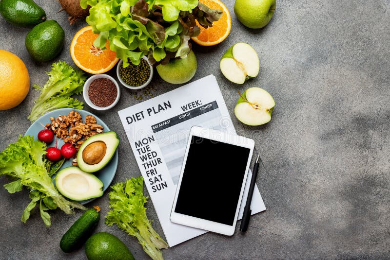 Diet Meal Plan Concept. Tablet Computer with Blank Screen and Weight ...