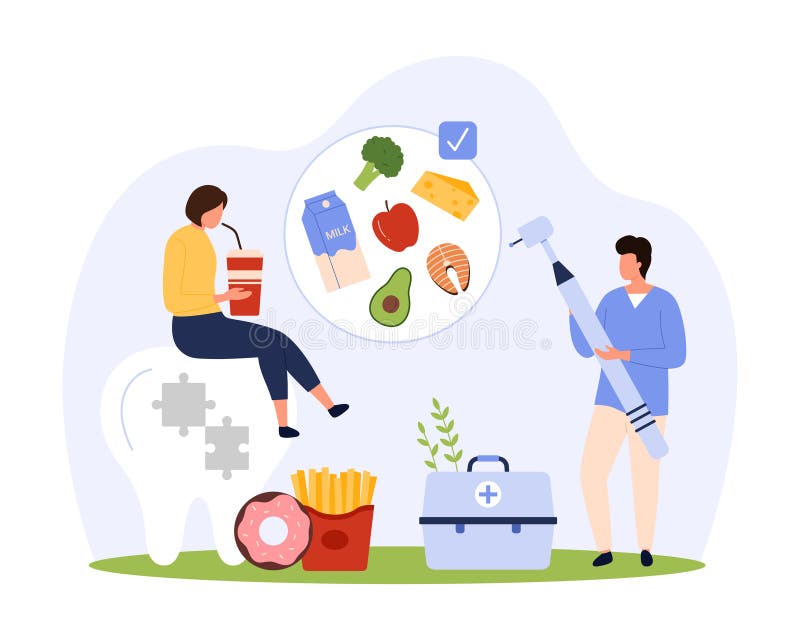 Diet and Nutrition for Healthy Teeth, Tiny People with Dental Tool Take ... Diet and Nutrition for Healthy Teeth, Tiny People with Dental Tool Take ...