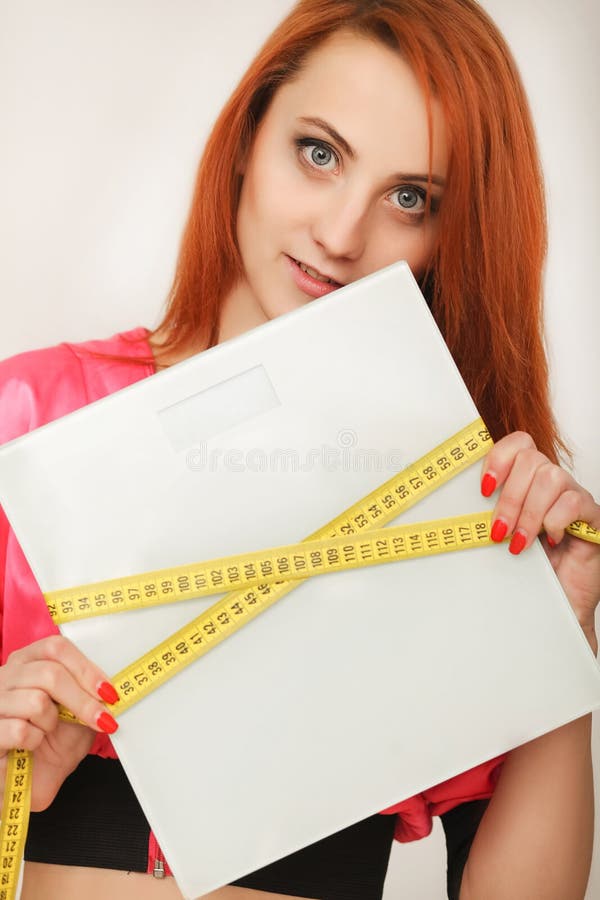 Diet. Woman Holding Weight Scale and Measuring Stock Photo - Image of ...