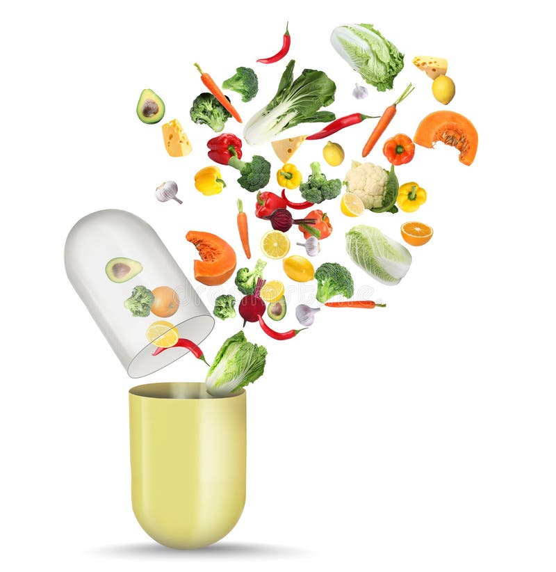 Dietary Supplements. Capsule and Different Fresh Products Flying on ...