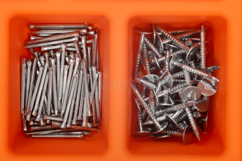 Différents Types De Clous Dans Une Boîte En Plastique. Photo stock ...
