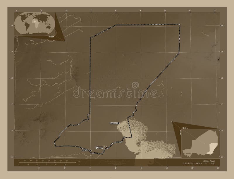 Diffa, Niger. Sepia. Labelled Points of Cities Stock Illustration ...