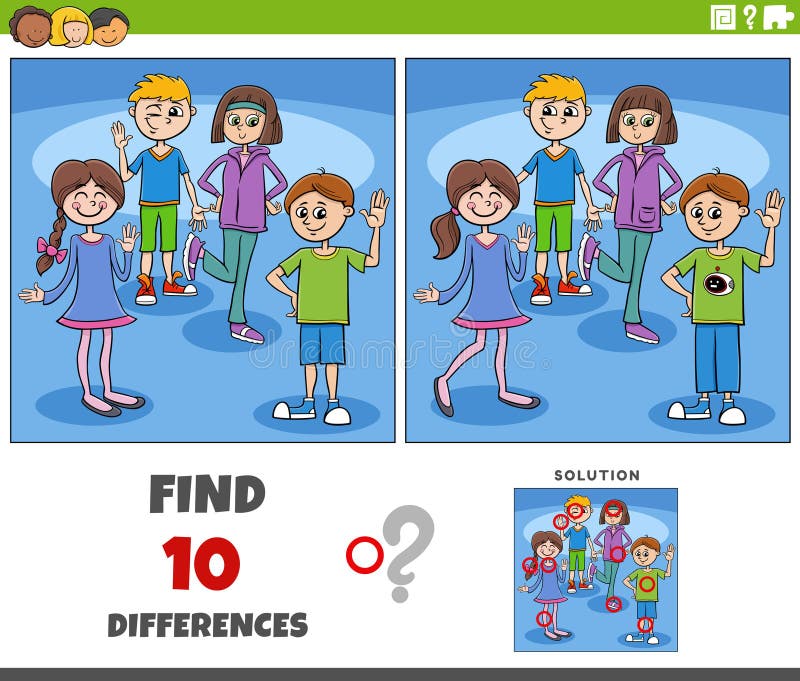Differences Activity with Cartoon School Children Characters Stock ...