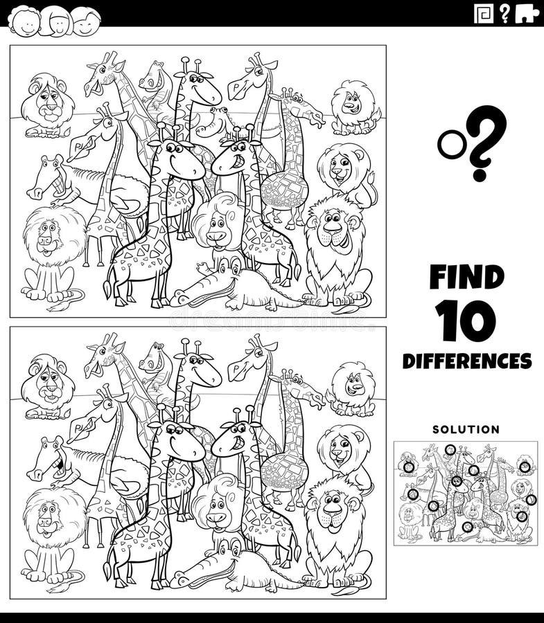 Differences Activity with Cartoon Wild Animals Coloring Page Stock Vector - Illustration of ...