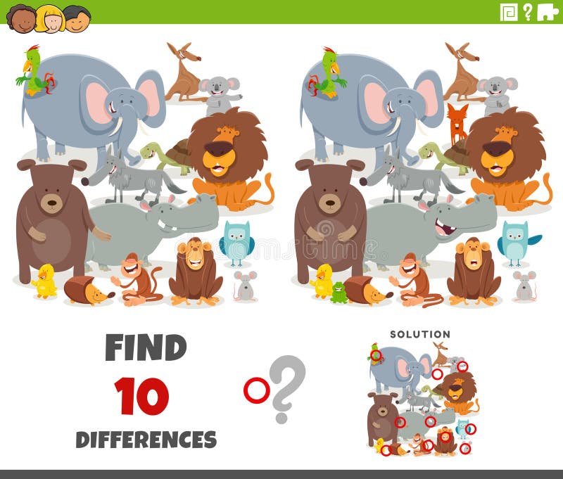 Differences Activity with Cartoon Wild Animals Group Stock Illustration ...