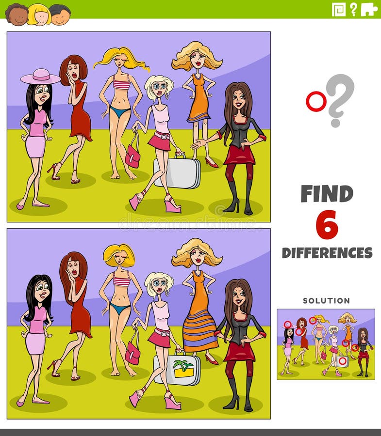 Differences Educational Game with Comic Beautiful Women Stock Vector ...