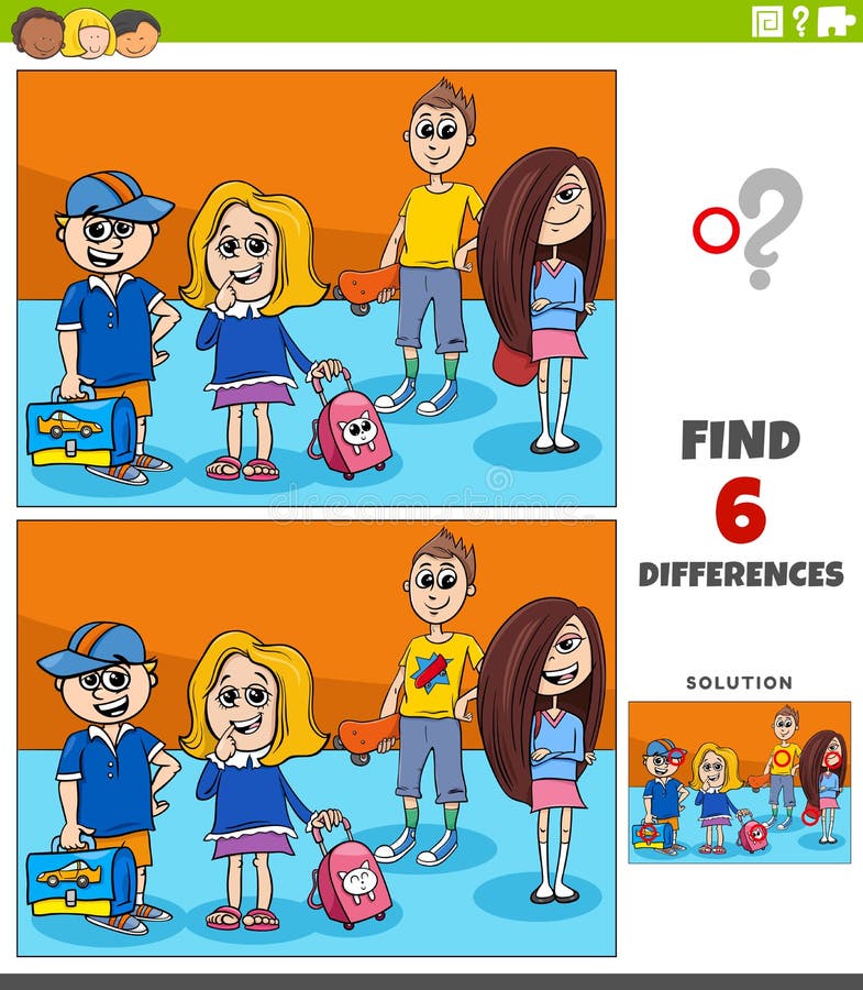 Differences Educational Game with Elementary School Kids Stock Vector ...