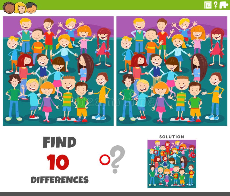 Differences Game with Cartoon Children Characters Group Stock Vector ...