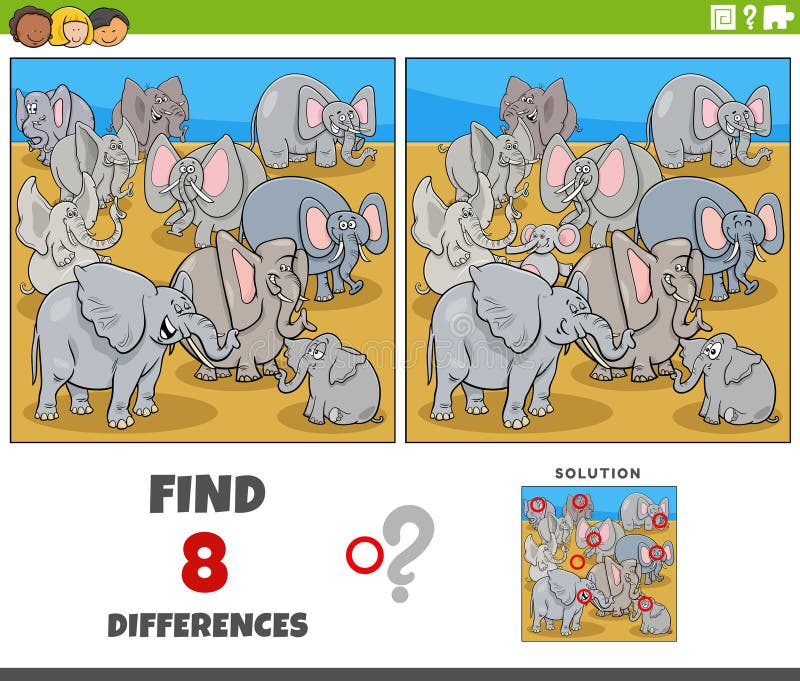 Differences Game with Cartoon Elephants Characters Stock Vector ...