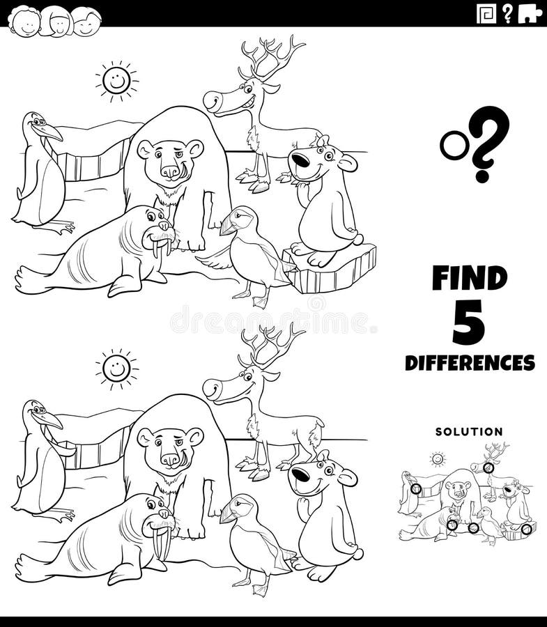 Differences Game with Cartoon Polar Animals Coloring Page Stock Vector ...
