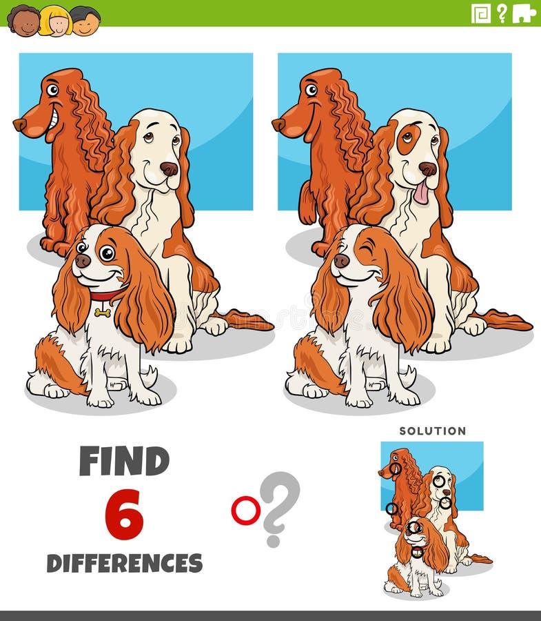 Differences Game with Cartoon Spaniel Dogs Characters Stock Vector ...
