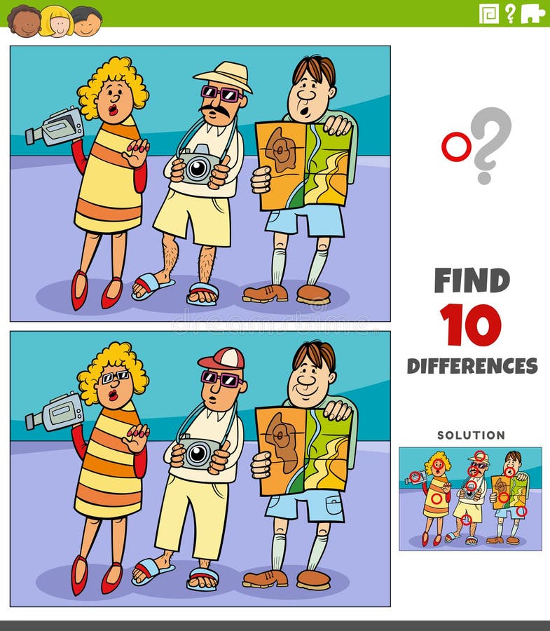 Differences Game with Cartoon Tourists Characters Stock Vector ...