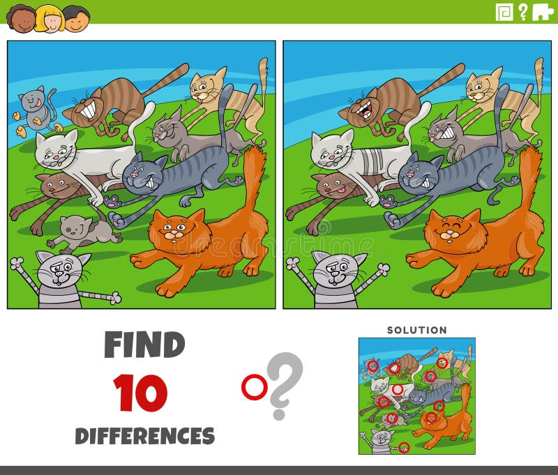 Differences Game with Comic Running Cats Characters Group Stock Vector ...