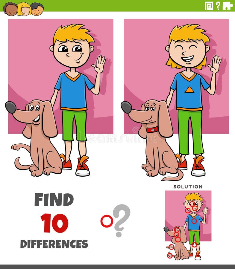 Differences Puzzle with Cartoon Boy and His Dog Stock Illustration ...