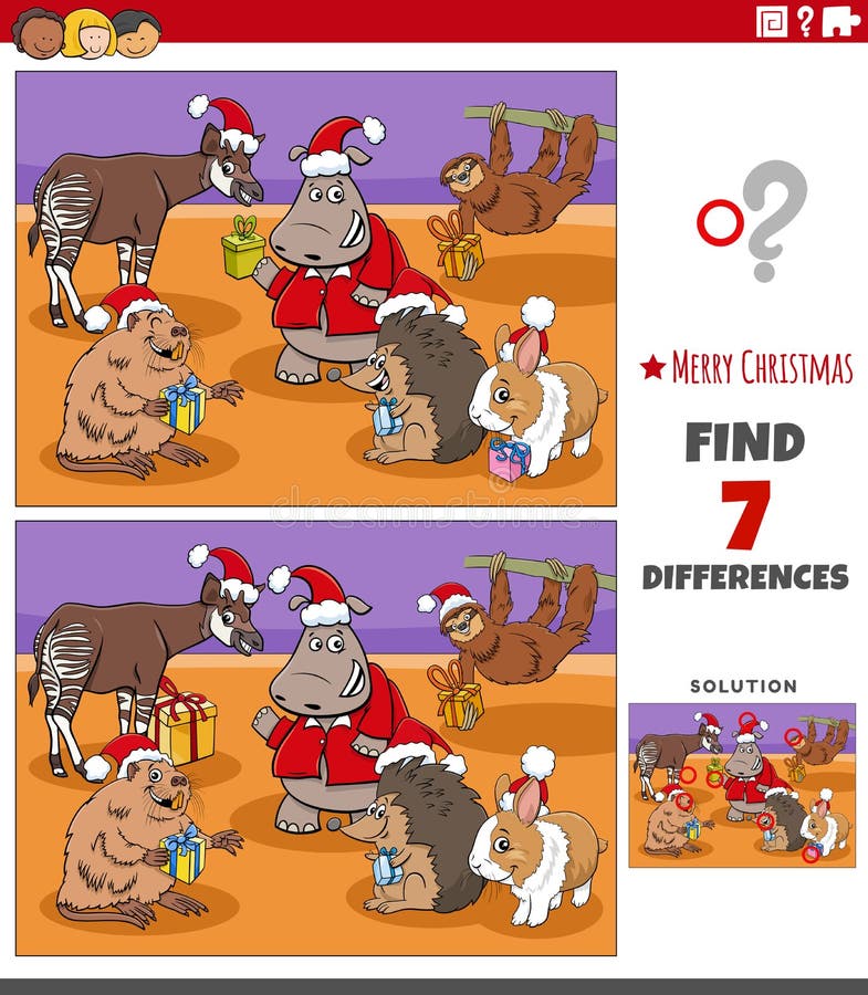 Differences Task with Animal Characters on Christmas Time Stock Vector ...