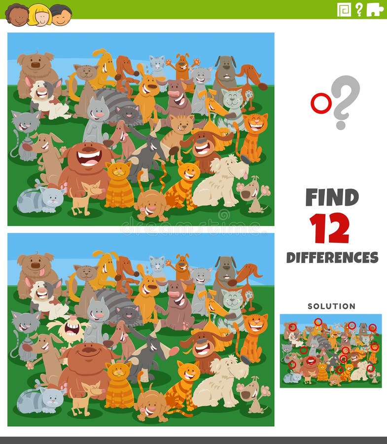 Differences Task with Cartoon Cats and Dogs Characters Stock Vector ...