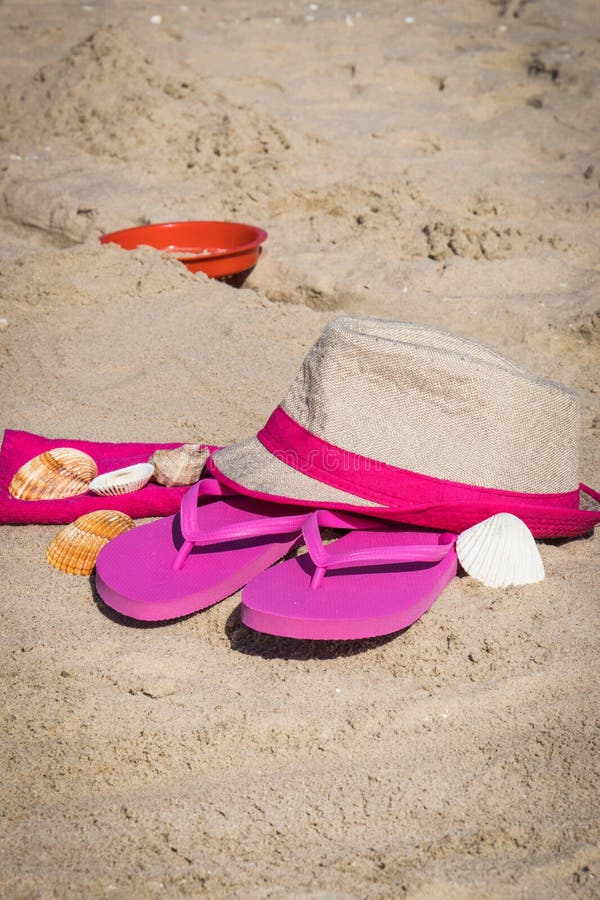 Different Accessories Using for Relax on Beach. Straw Hat, Flip Flop ...