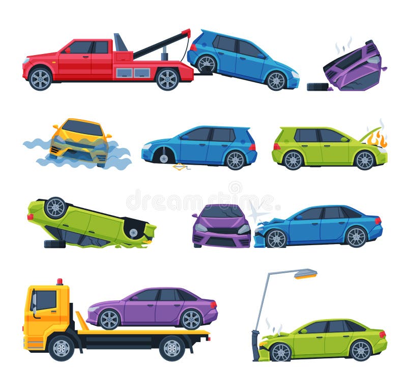 Different Accidents on the Road Set, Damaged Car Vehicles Flat Vector ...