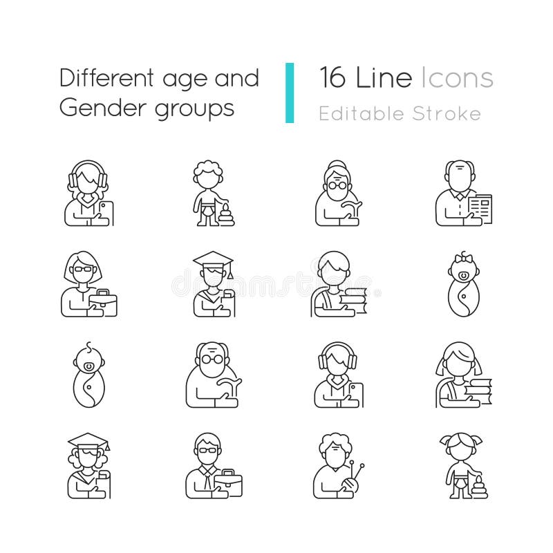 Different Age and Gender Groups Linear Icons Set Stock Vector ...