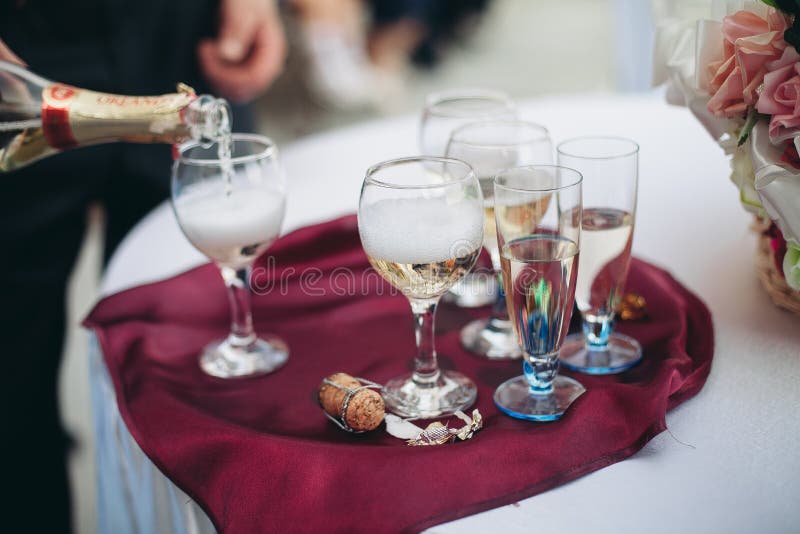 Different Alcohol Drinks in Goblets and Wine Glasses on Wedding Buffet ...
