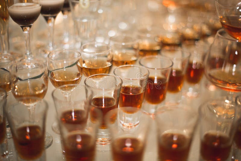 Different Alcohol Drinks in Goblets and Wine Glasses on Wedding Buffet ...