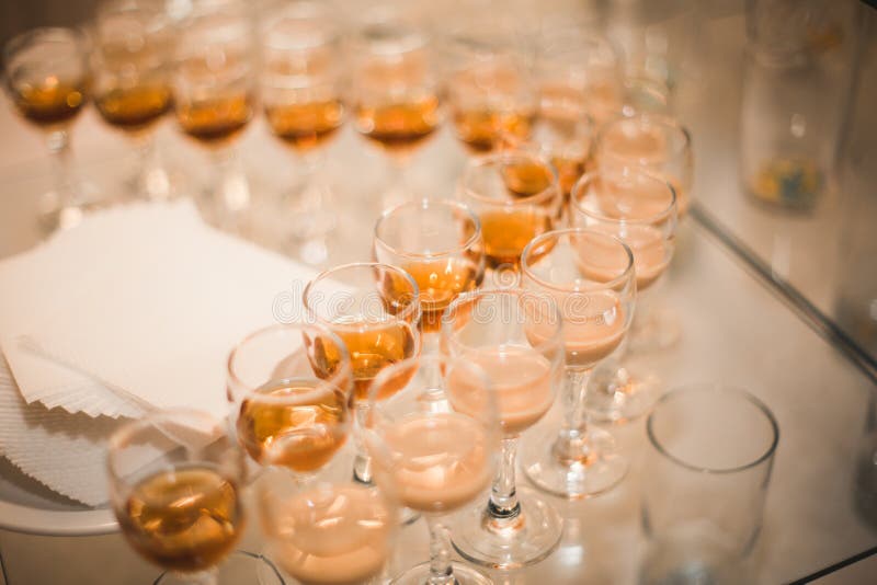 Different Alcohol Drinks in Goblets and Wine Glasses on Wedding Buffet ...