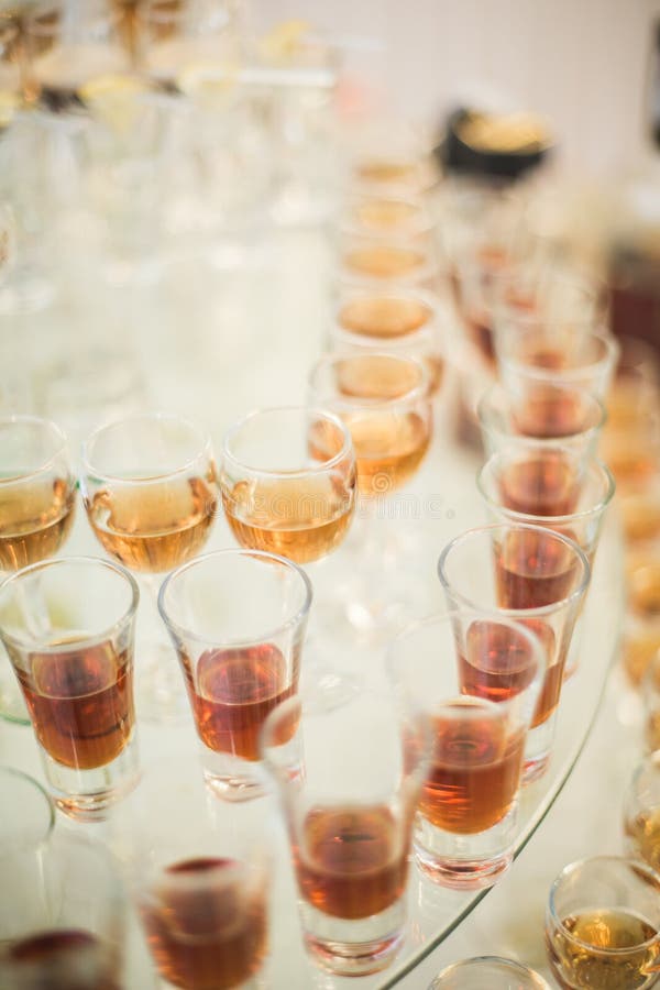 Different Alcohol Drinks in Goblets and Wine Glasses on Wedding Buffet ...