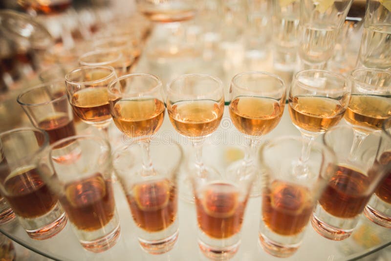 Different Alcohol Drinks in Goblets and Wine Glasses on Wedding Buffet ...